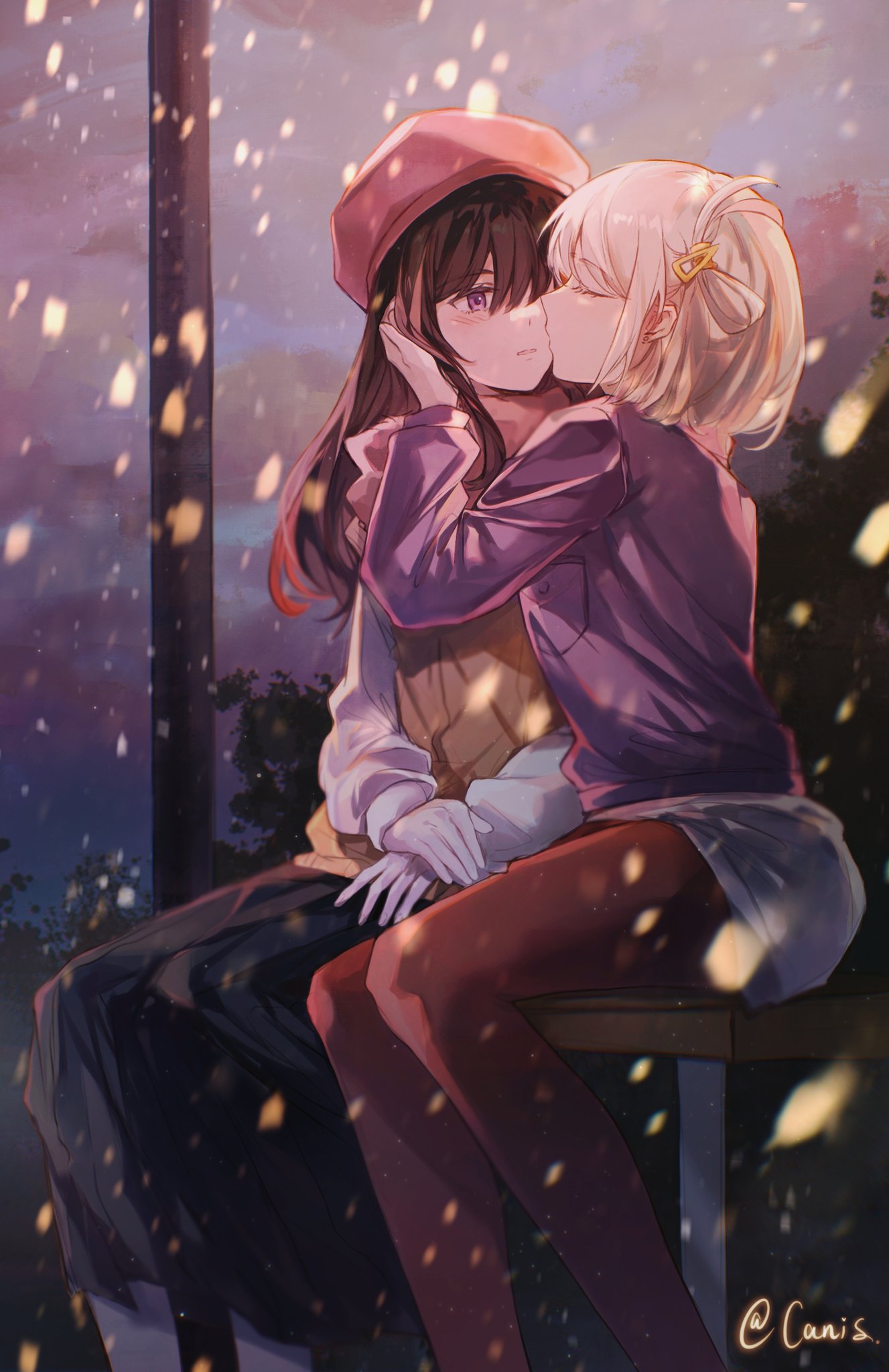 Safebooru - 2girls bangs beret black hair black pantyhose black skirt blonde hair blue jacket ...