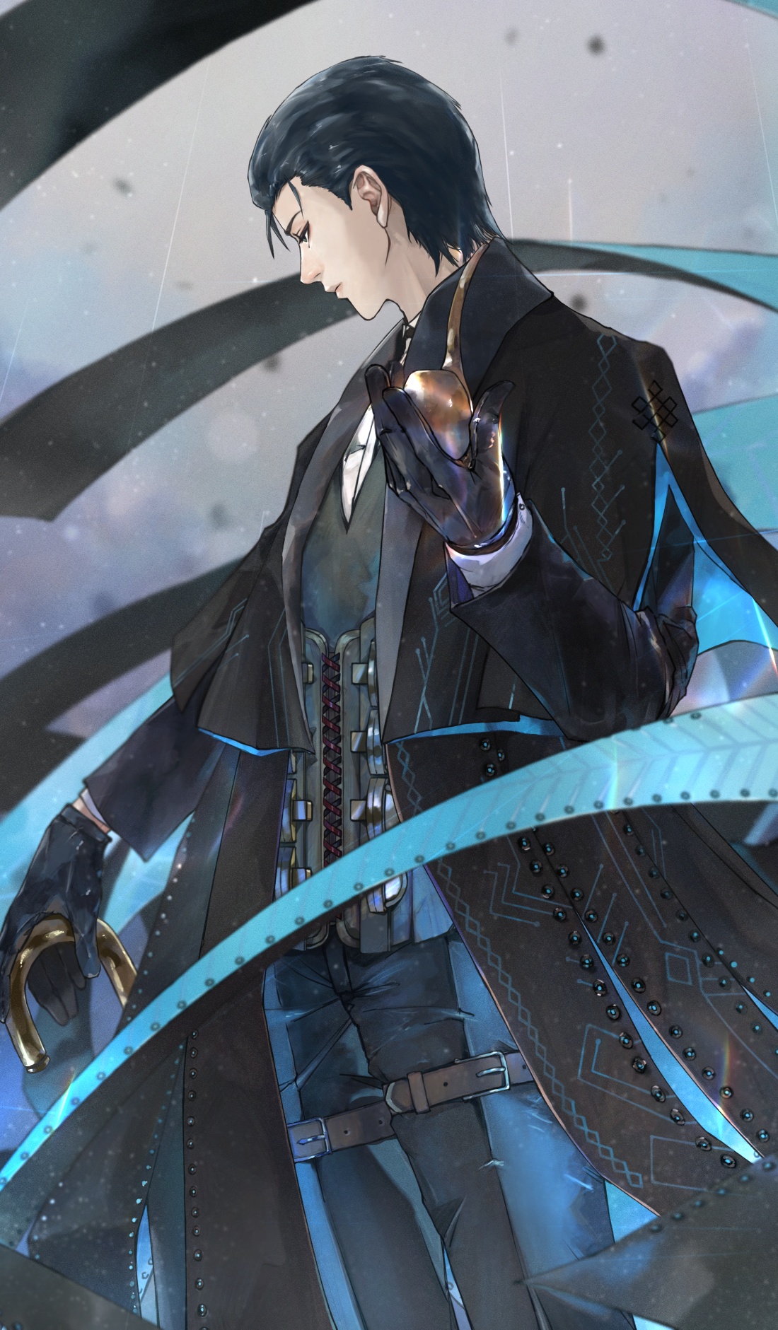 Safebooru - 1boy black coat black gloves black hair black pants black vest closed mouth clouds ...
