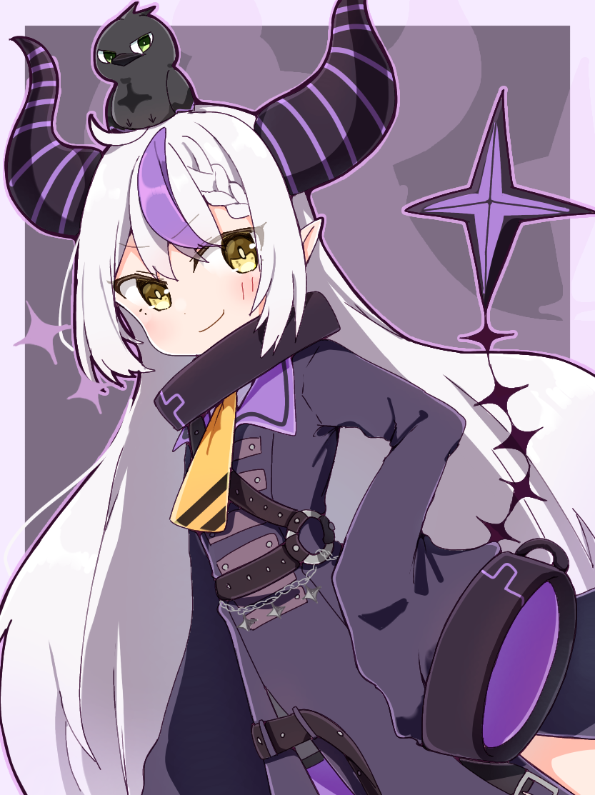 Safebooru - 1girl ahoge animal on head bird bird on head black coat black horns blush braid ...