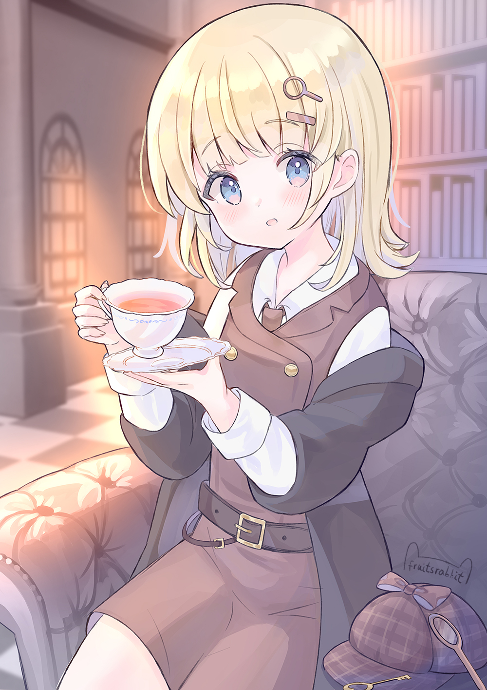 Safebooru - 1girl belt black belt black coat blonde hair blue eyes blush brown headwear brown ...