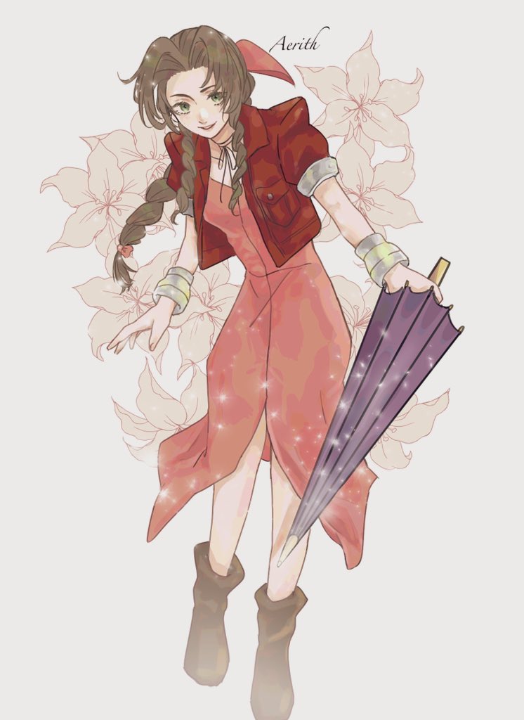 Safebooru - 1girl aerith gainsborough bangle bangs boots bracelet braid braided ponytail breasts ...