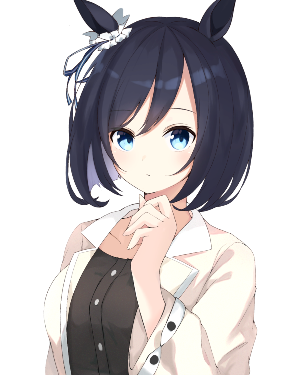 Safebooru - 1girl alternate costume animal ears black hair black shirt blue eyes closed mouth ...