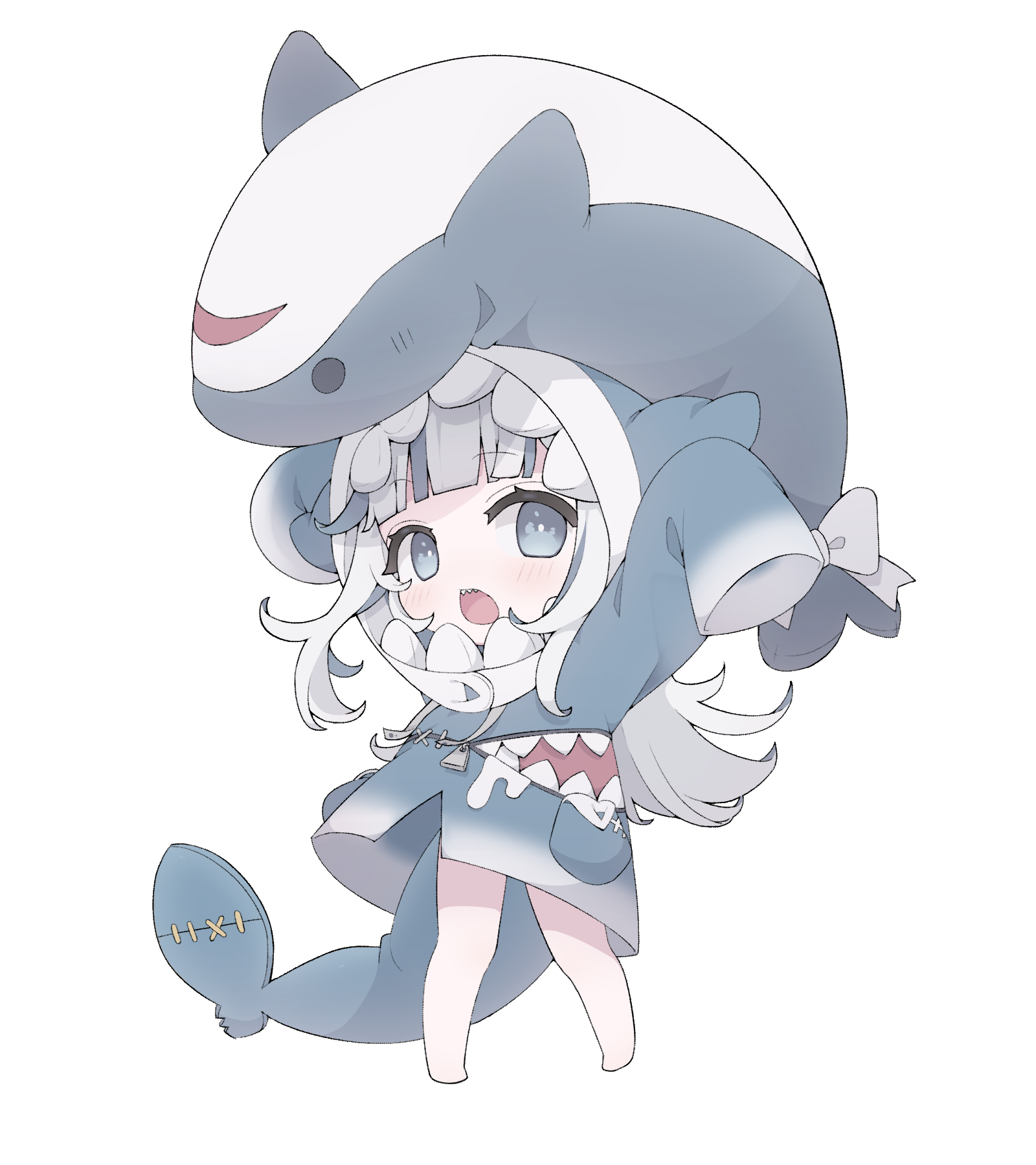 Safebooru - 1girl animal hood arms up bare legs barefoot blue eyes blue hair blush chibi ...