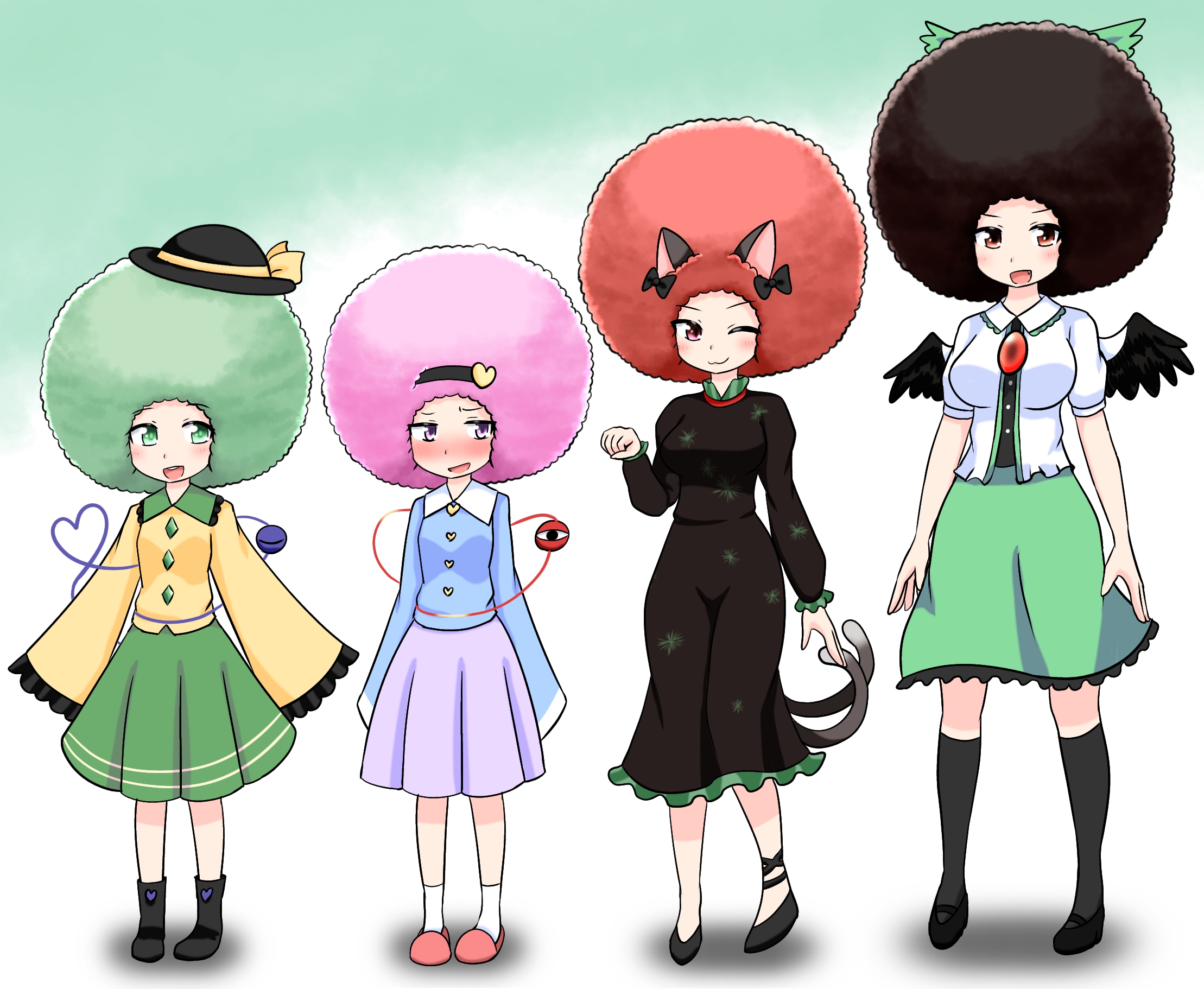 Safebooru - 4girls ;3 afro alternate hairstyle animal ears blouse blue shirt bow braid cat ears ...