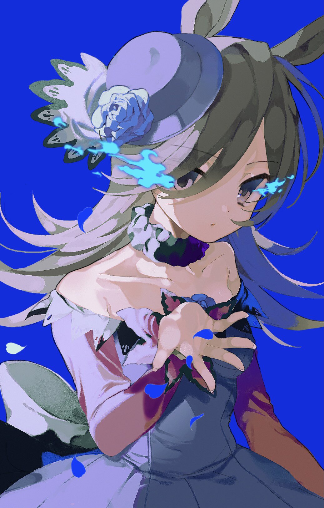 Safebooru - 1girl amapan 0 blue background blue dress blue flower blue headwear blue rose bow ...
