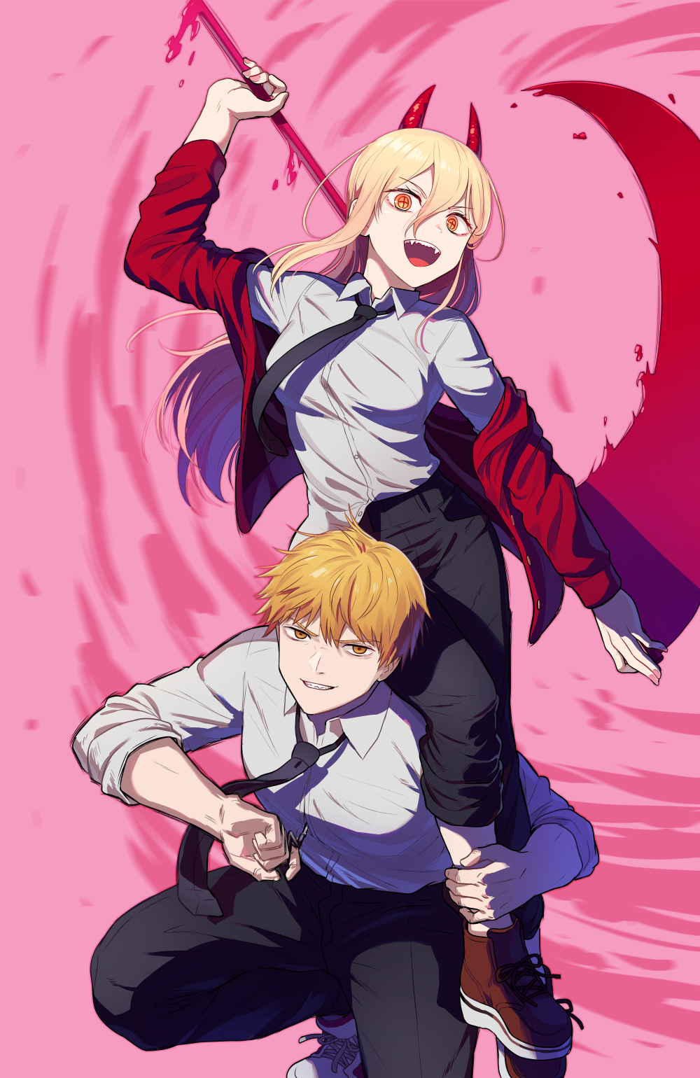 Safebooru - 1boy 1girl black necktie black pants blonde hair carrying ...