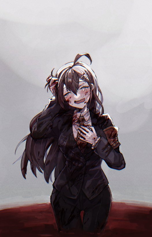 Safebooru - 1girl ahoge armband black jacket black pants blood blood in hair blood on clothes ...