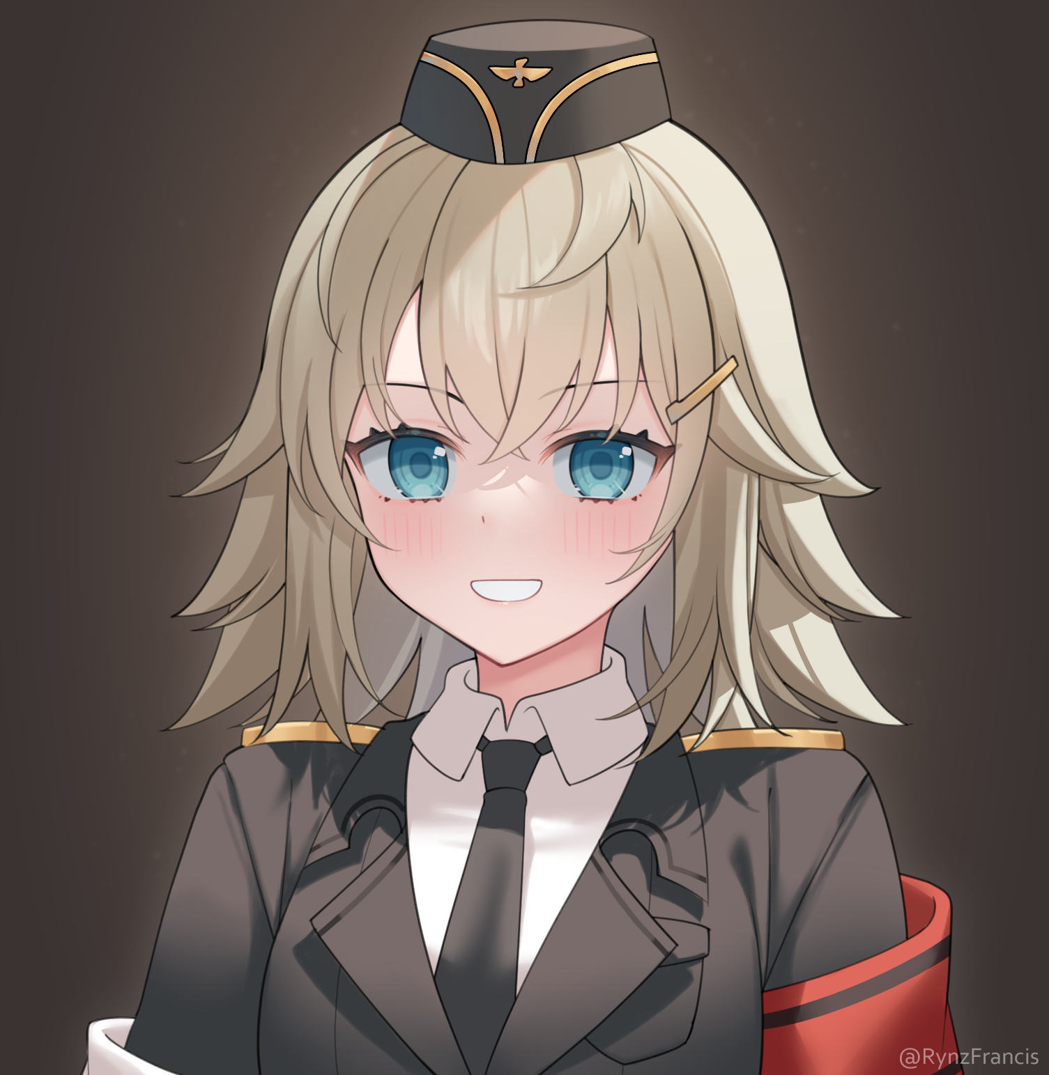 Safebooru - 1girl armband bangs black headwear black necktie blonde hair blue eyes collared ...