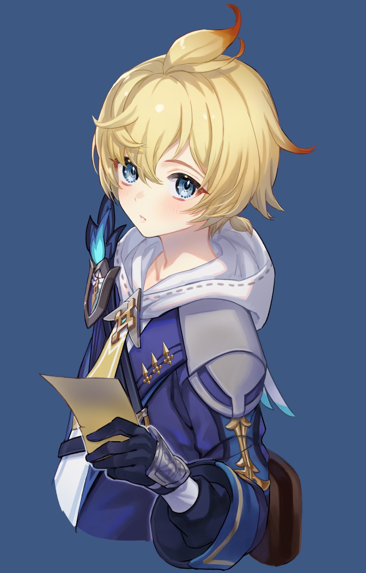 Safebooru - 1boy bangs black gloves blonde hair blue background blue eyes blush cropped torso ...