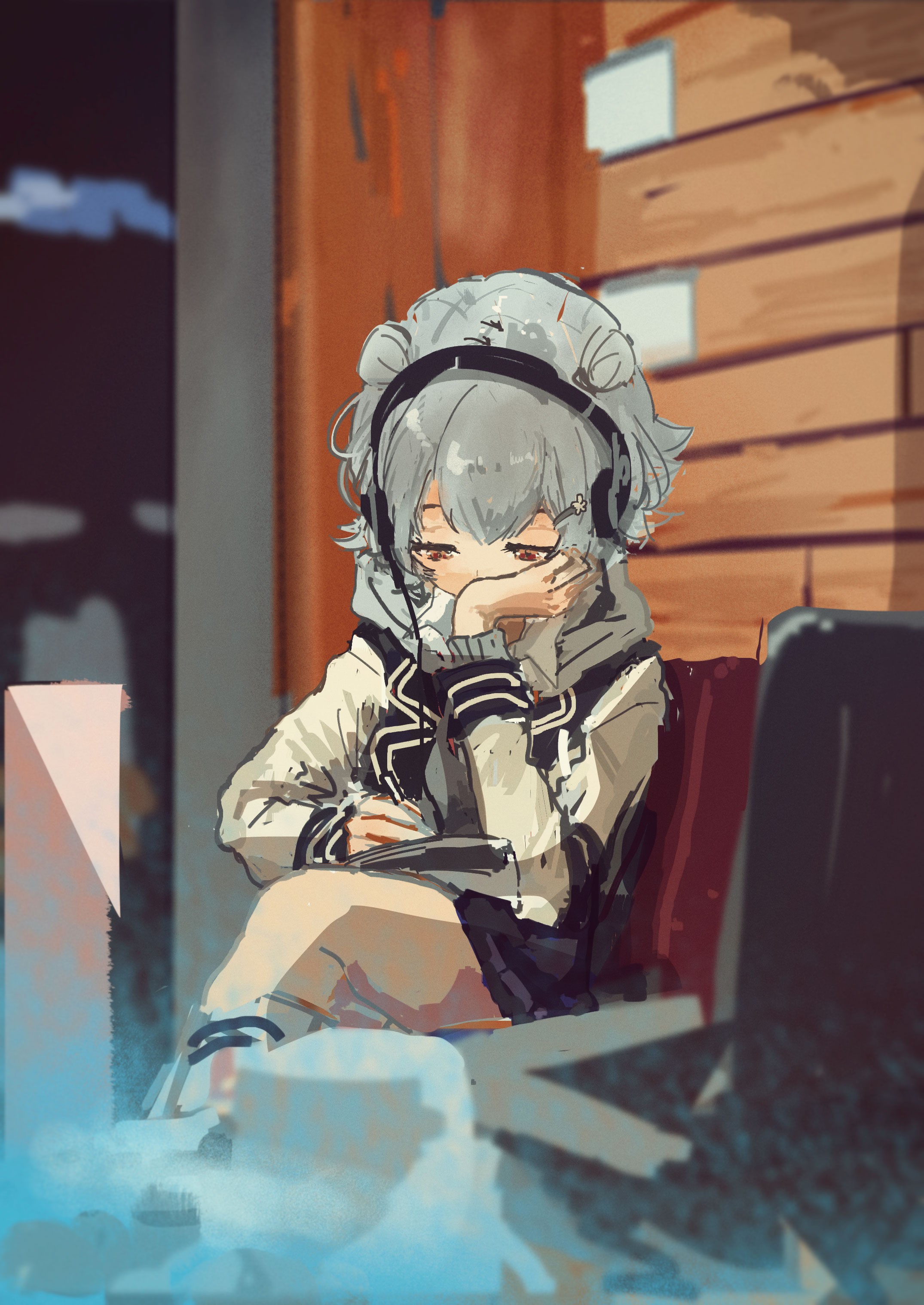 Safebooru - 1girl absurdres arm support blazer blue jacket blue skirt blurry blurry background ...