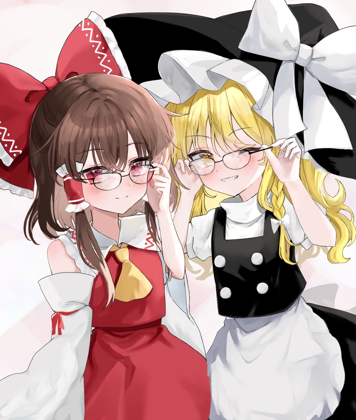 Safebooru - 2girls apron ascot black headwear black vest blonde hair bow braid brown hair collar ...