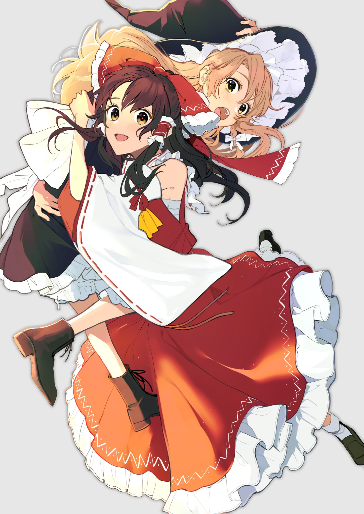 Safebooru - 2girls :d :o bangs black footwear black headwear black skirt blonde hair boots bow ...