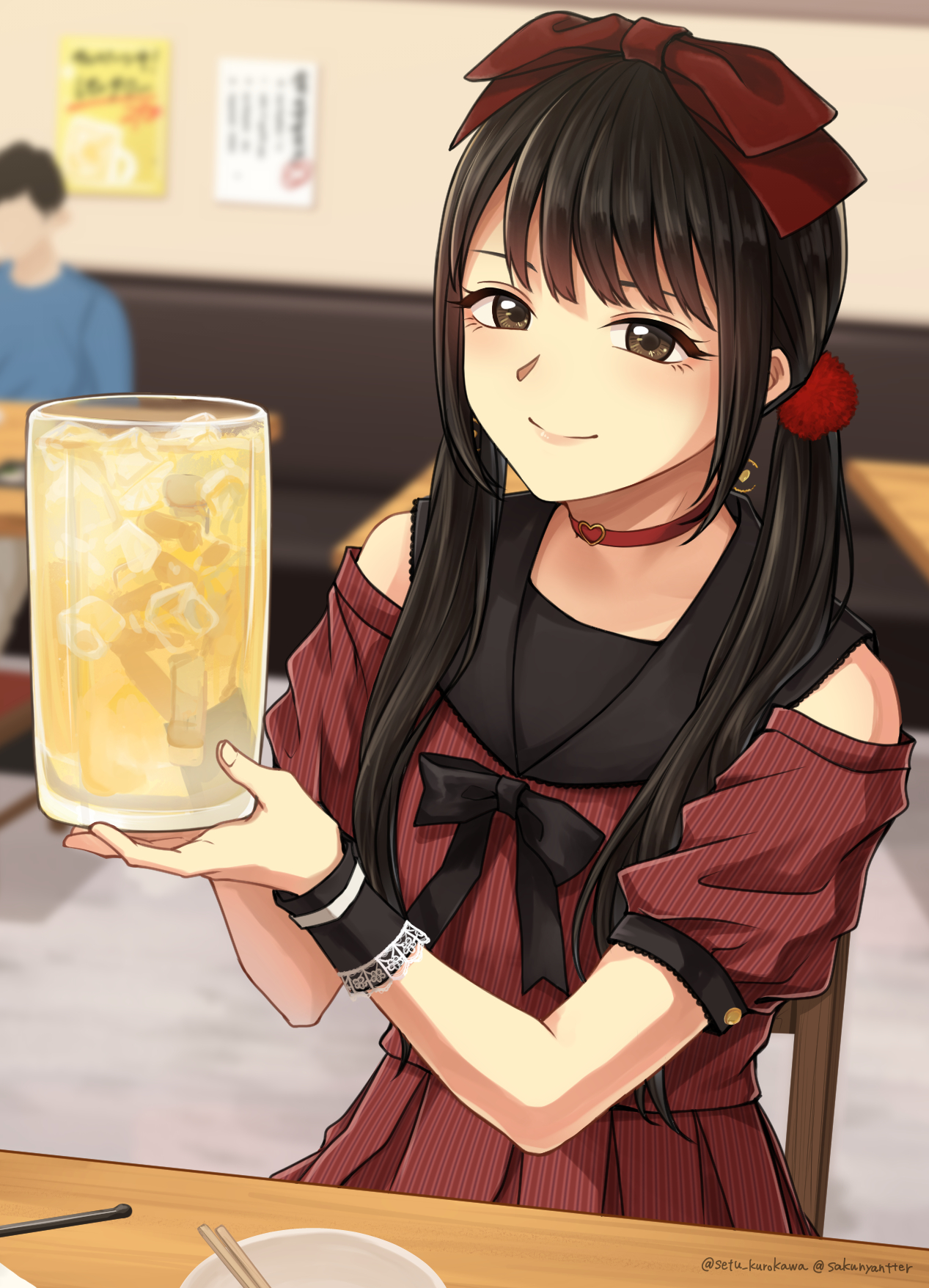 Safebooru - 2boys alcohol artist name bangs beer beer mug black hair black wrist cuffs blurry ...