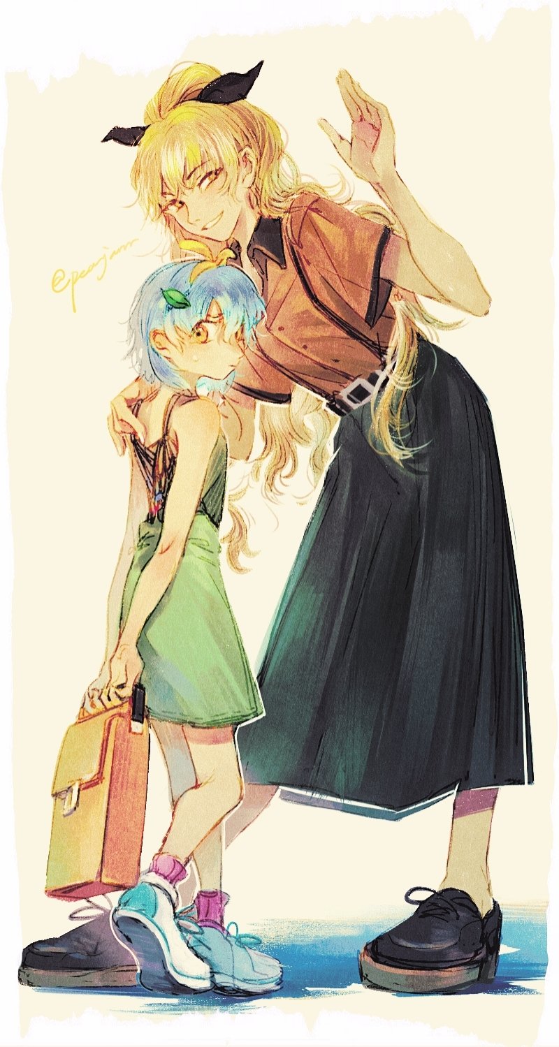 Safebooru - 2girls adapted costume alternate hairstyle antennae aqua hair bag black footwear ...