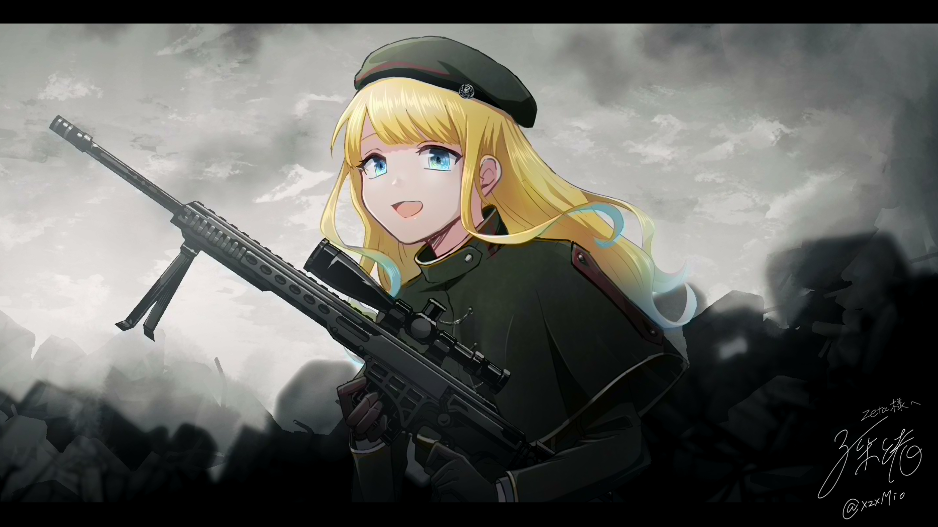 Safebooru - 1girl barrett mrad black headwear blonde hair blue eyes cape commission gradient ...