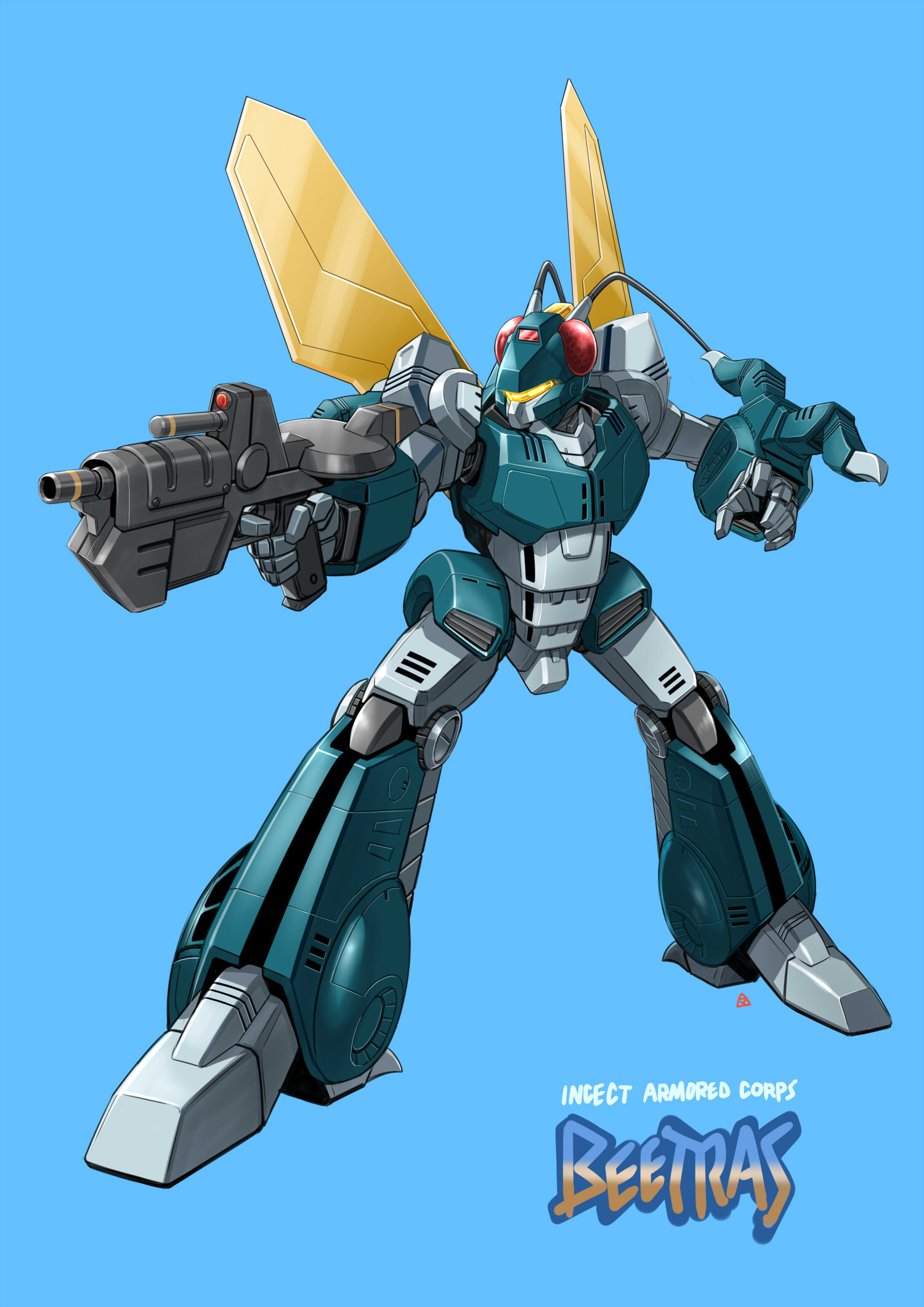 Safebooru - assault visor beet-vadam blue background gun highres ...