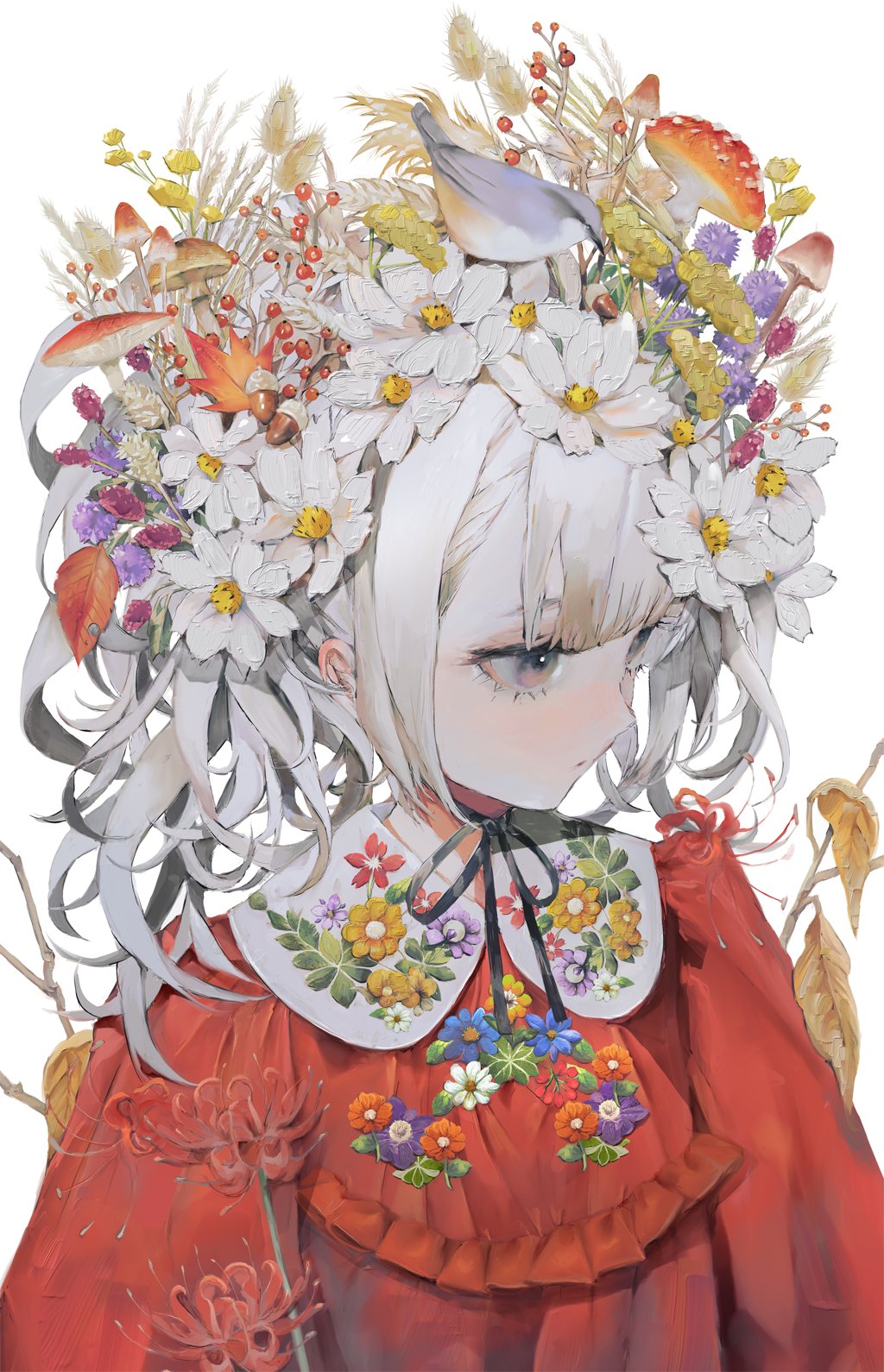 Safebooru - 1girl acorn bangs bird blue flower branch expressionless ...