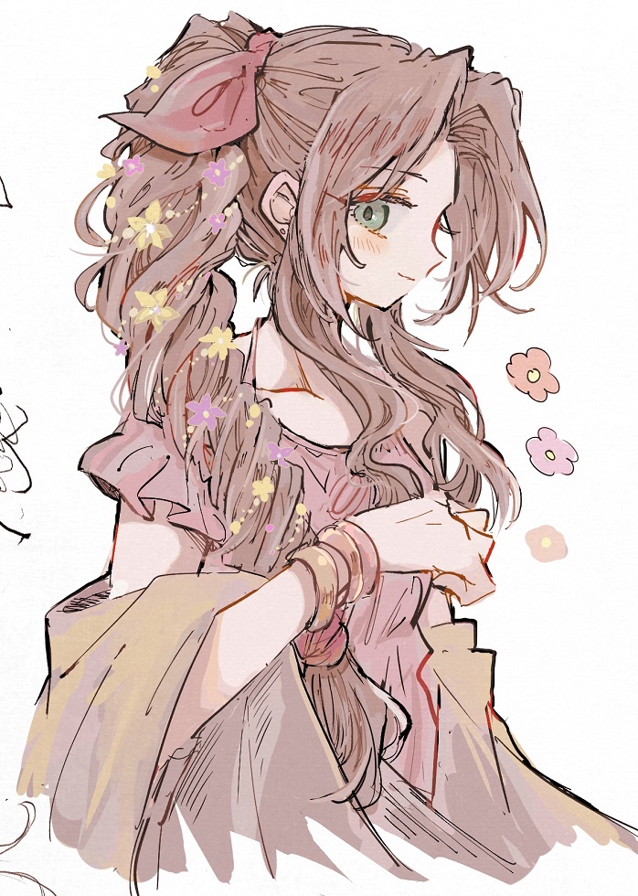 Safebooru - 1girl aerith gainsborough bangle bangs blush bracelet braid braided ponytail brown ...