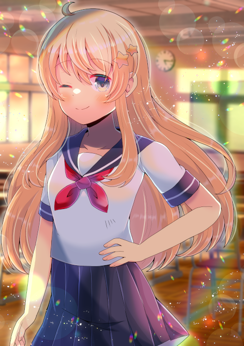 Safebooru - 1girl ;) ahoge bangs black sailor collar black skirt blonde hair blue eyes blurry ...