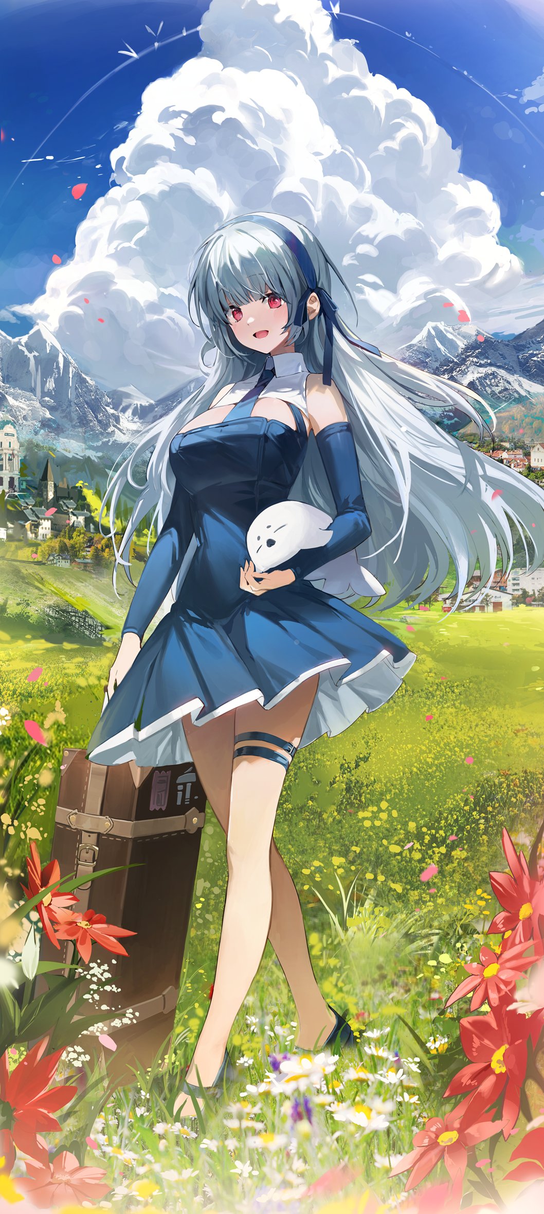Safebooru 1girl Blue Dress Blush Bosack Breasts Clouds Dress Flower 7488