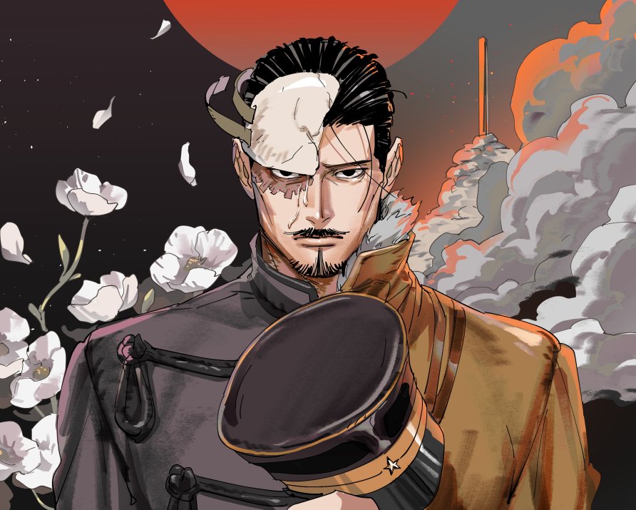 Safebooru - 1boy beard black eyes black hair car clouds facial hair flower golden kamuy ground ...