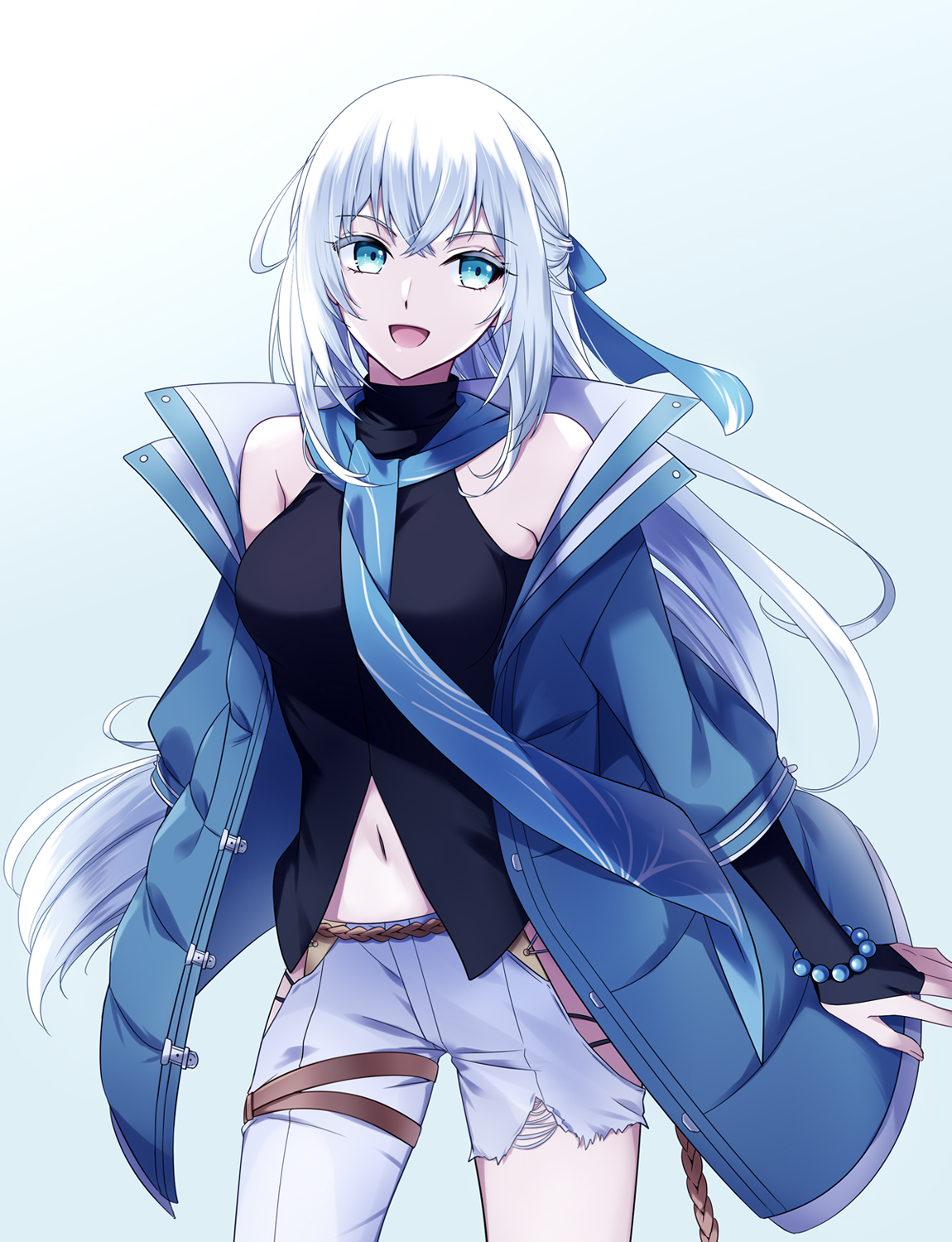 Safebooru - 1girl asymmetrical clothes asymmetrical legwear bare shoulders beads blue eyes eiyuu ...