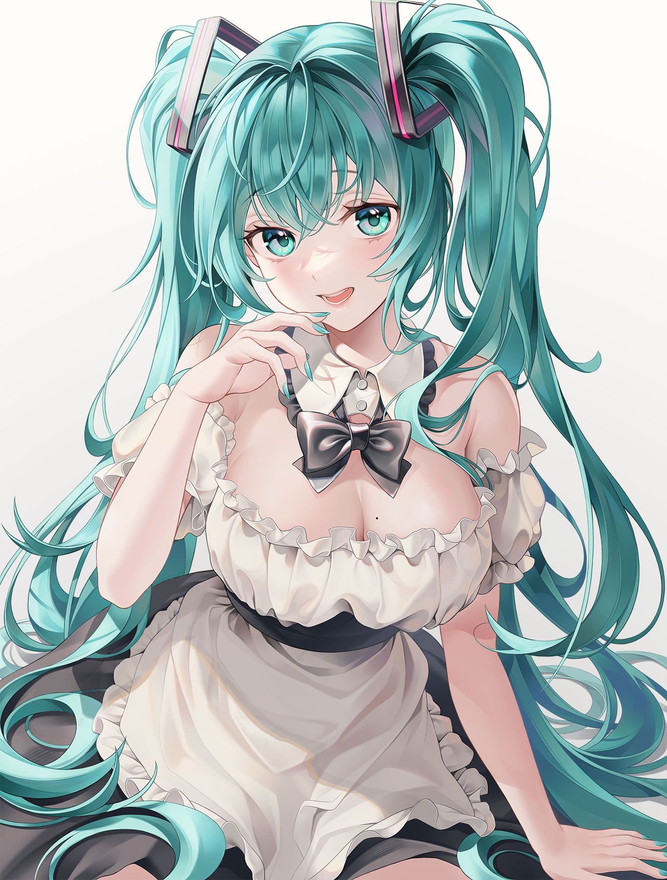 Safebooru - 1girl alternate costume apron aqua eyes aqua hair aqua nails blush hair ornament ...
