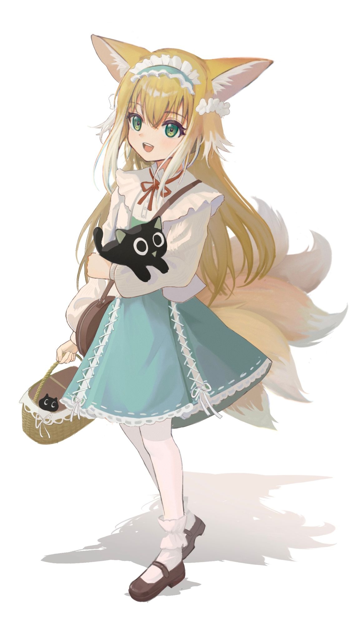 Safebooru - 1girl :d animal animal ears ankle cuffs arknights basket black cat black footwear ...