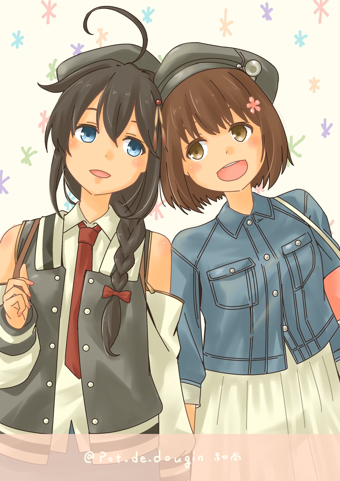 Safebooru - 2girls ahoge beret black hair black headwear blue eyes blue headwear blue jacket ...