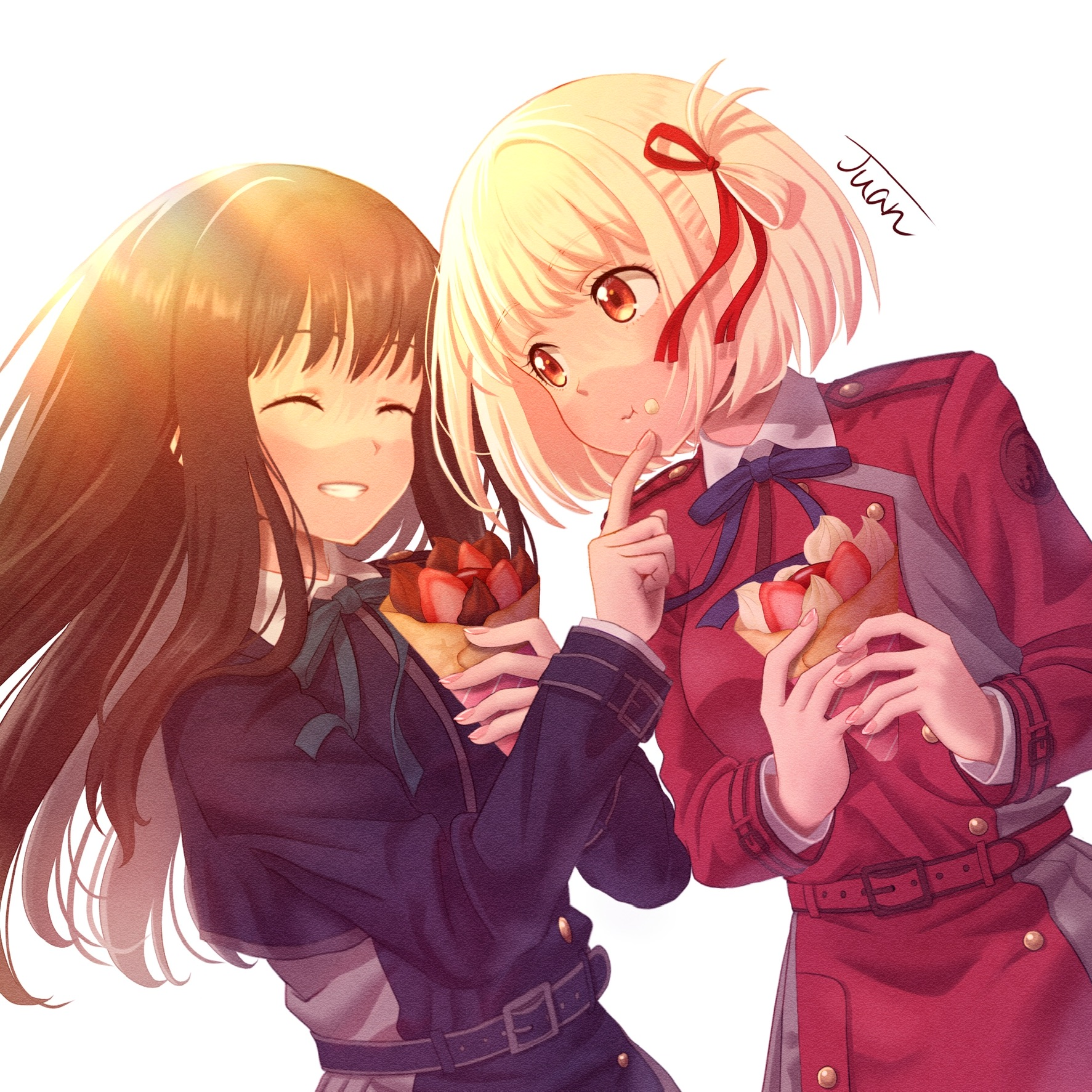 Safebooru - 2girls artist name black hair blonde hair blue ribbon closed eyes closed mouth ...