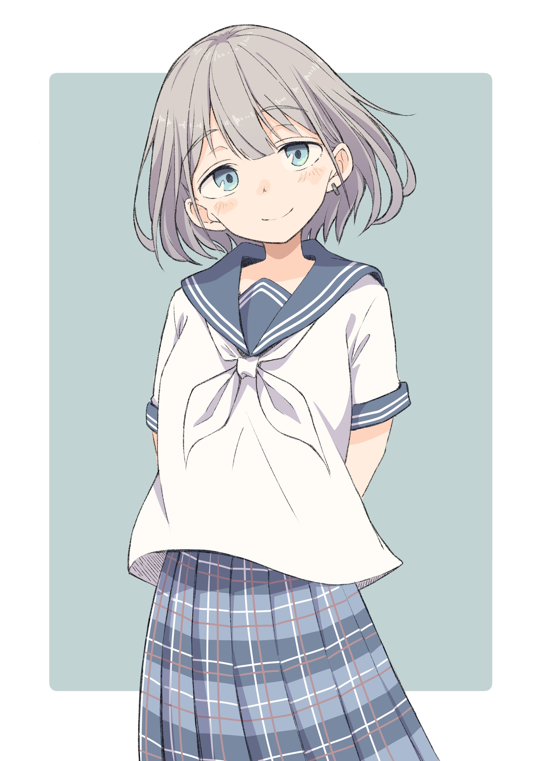 Safebooru - 1girl absurdres arms behind back bangs blue background blue eyes blue sailor collar ...