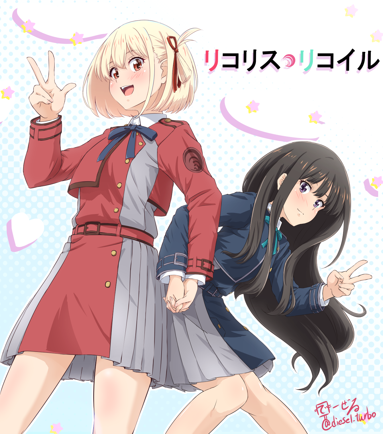 Safebooru - 2girls artist logo bangs black hair blonde hair blue dress bob cut commentary ...