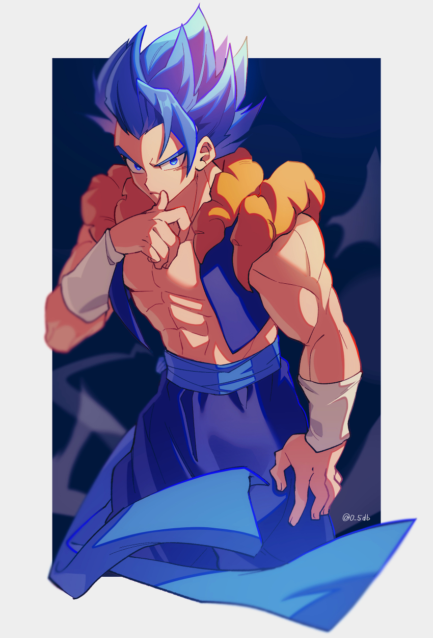 Safebooru - 1boy abs blue eyes blue hair blue pants blue sash border ...