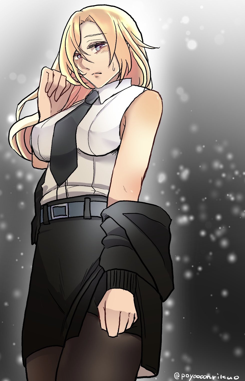 Safebooru - 1girl belt black background black belt black jacket black necktie black pantyhose ...