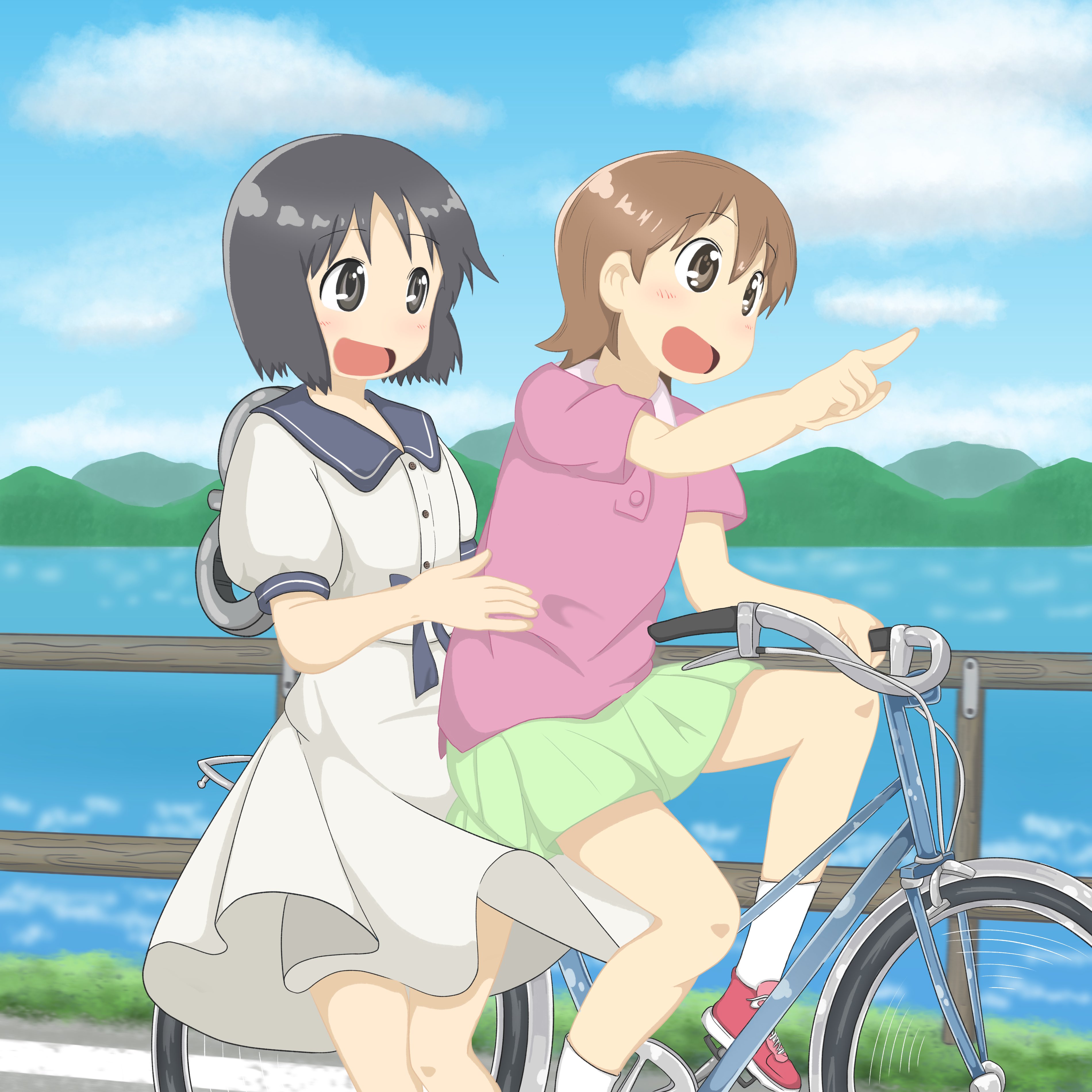 Safebooru - 2girls absurdres aioi yuuko akabeco yukko bicycle black eyes black hair brown eyes ...