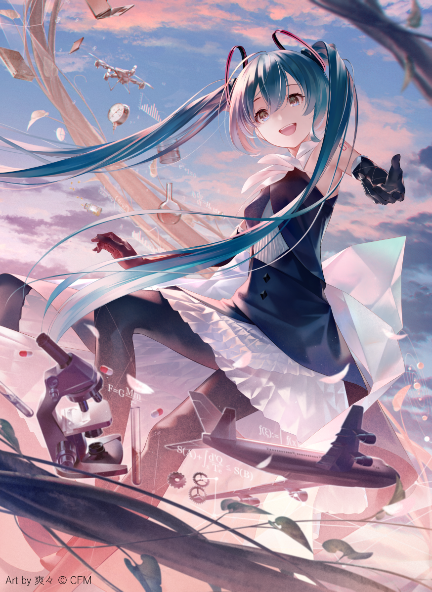 Safebooru - 1girl aircraft airplane aqua eyes aqua hair bangs black dress black gloves black ...