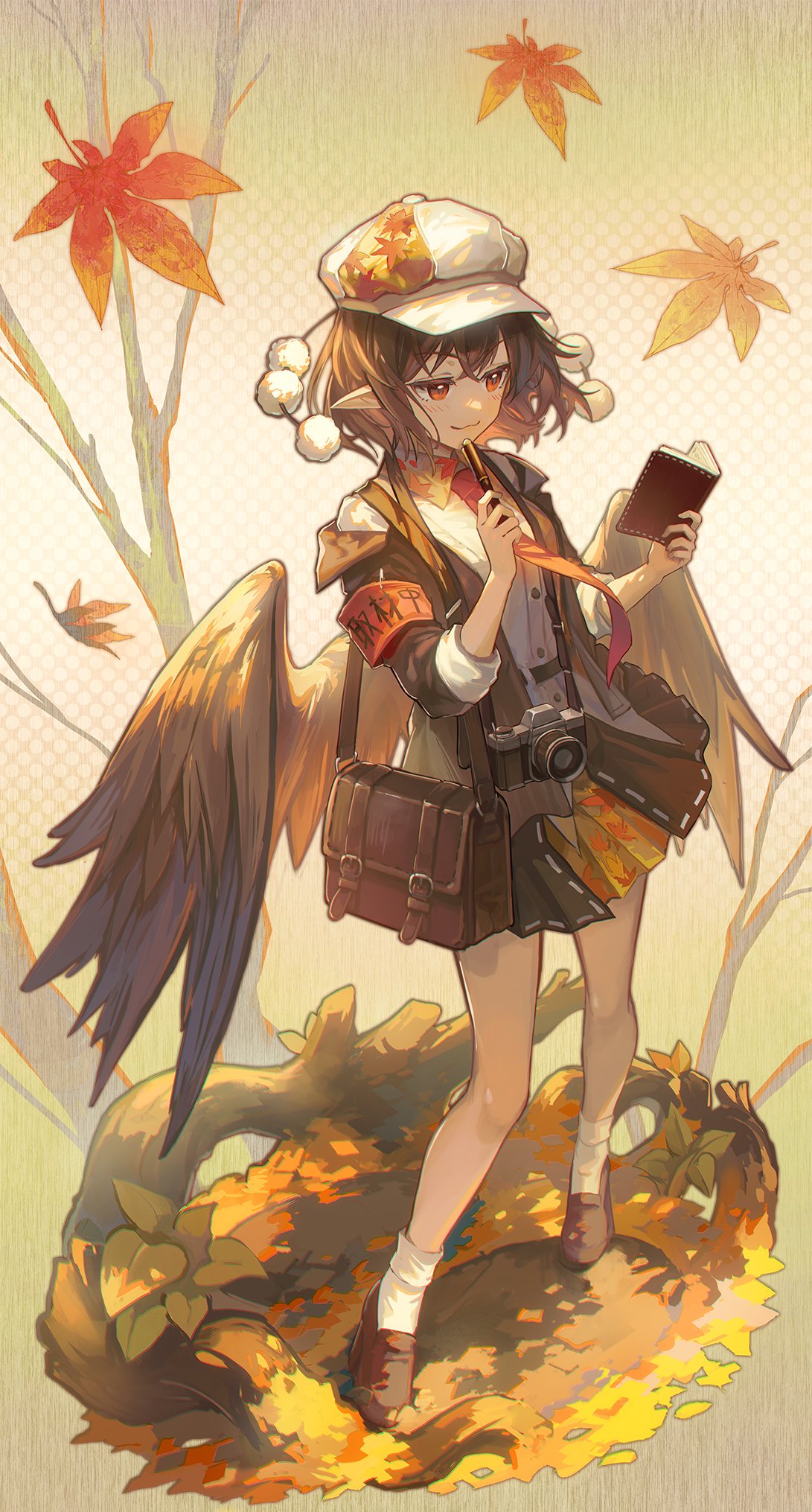 Safebooru - 1girl autumn leaves bag bangs black skirt blush book breasts brown bag brown ...