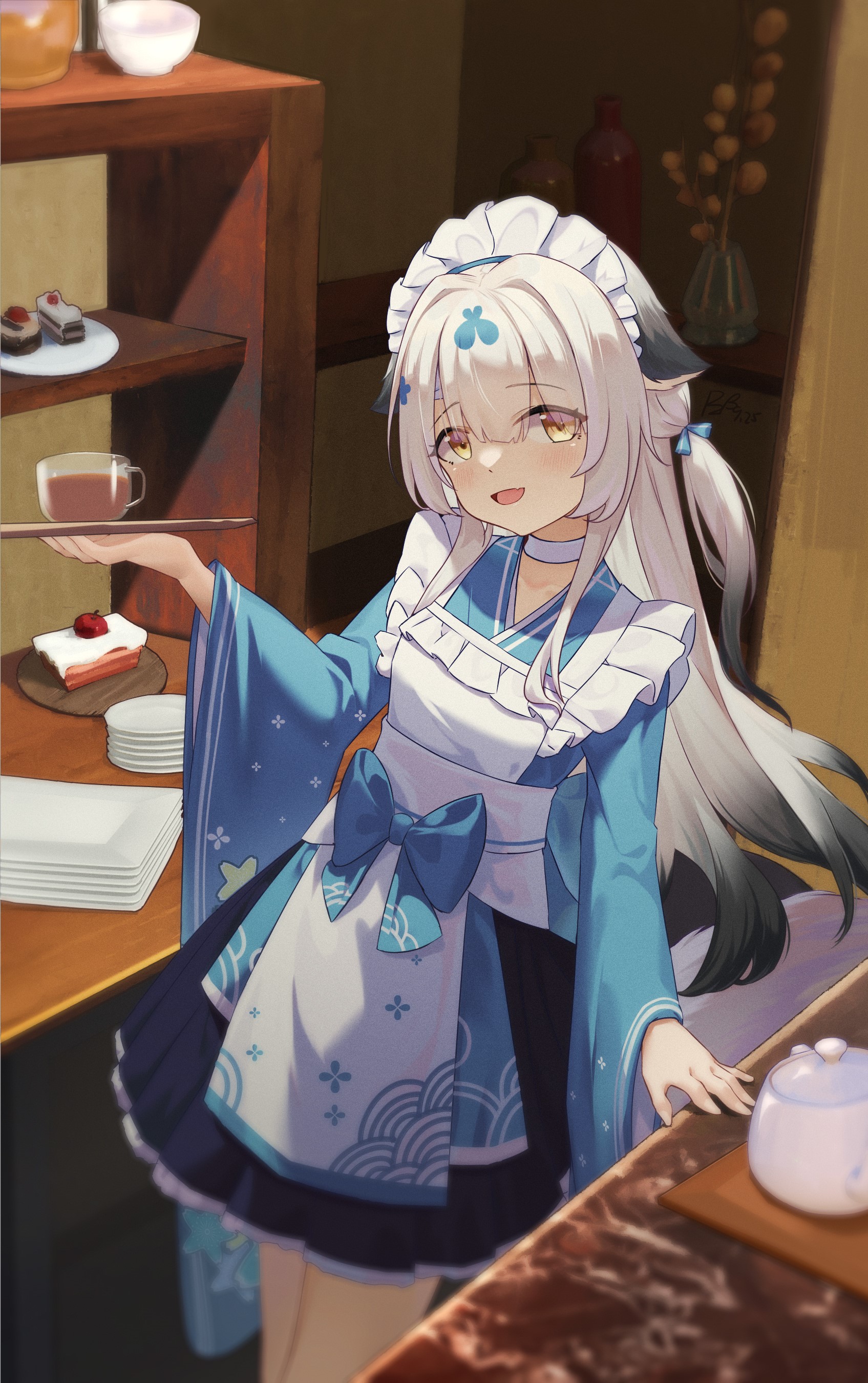 Safebooru - 1girl absurdres animal ears apron azur lane bangs black hair blue kimono blue skirt ...