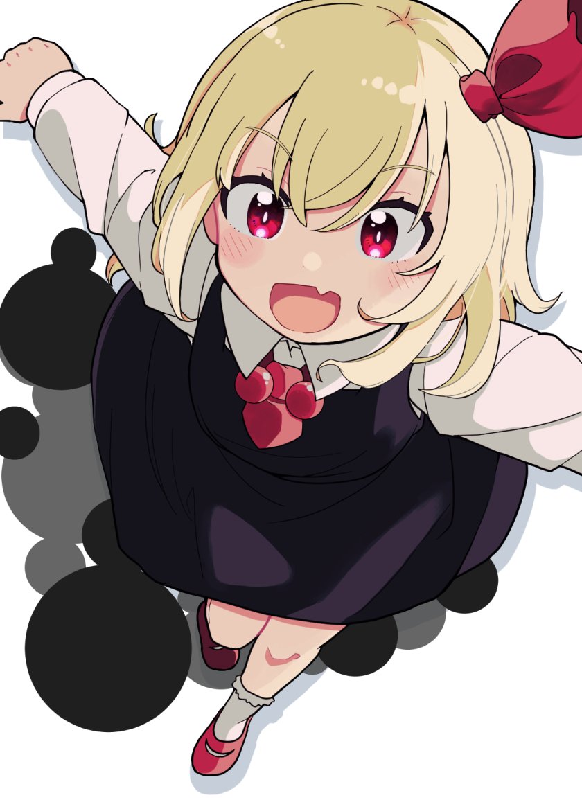 Safebooru - 1girl bangs black skirt black vest blonde hair bobby socks collared shirt darkness ...