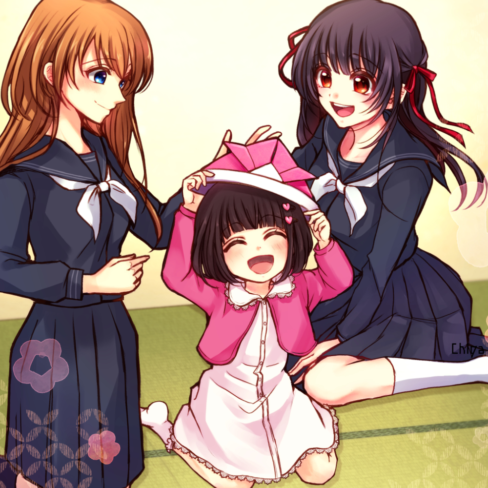 Safebooru - 3girls bangs black hair black serafuku blue eyes blunt bangs brown eyes brown hair ...