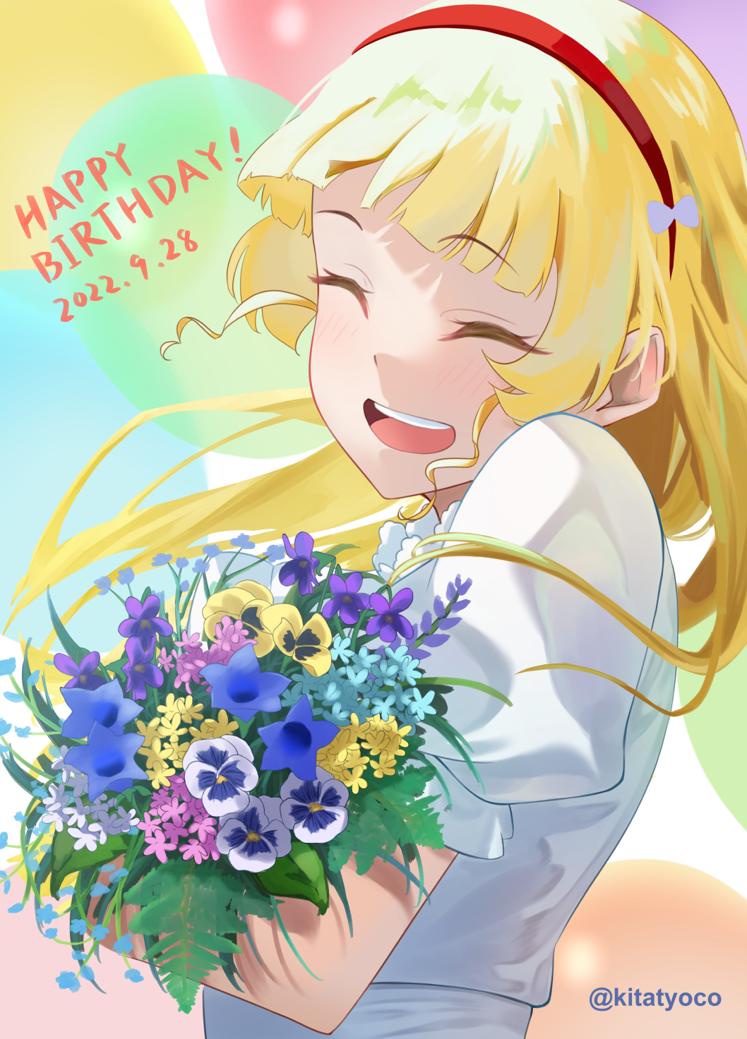 Safebooru - ^ ^ bangs blonde hair blunt bangs bouquet closed eyes dated flower from side ...