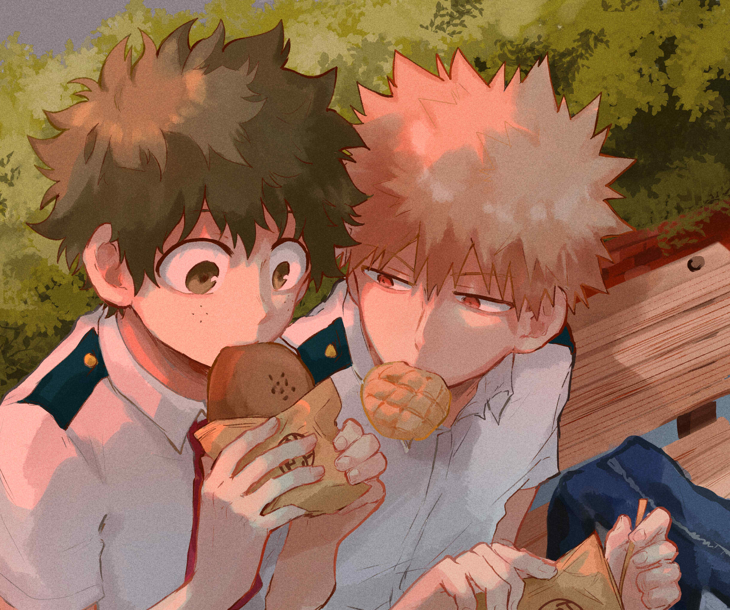 Safebooru - 2boys bag bakugou katsuki bangs bench blue bag boku no hero ...