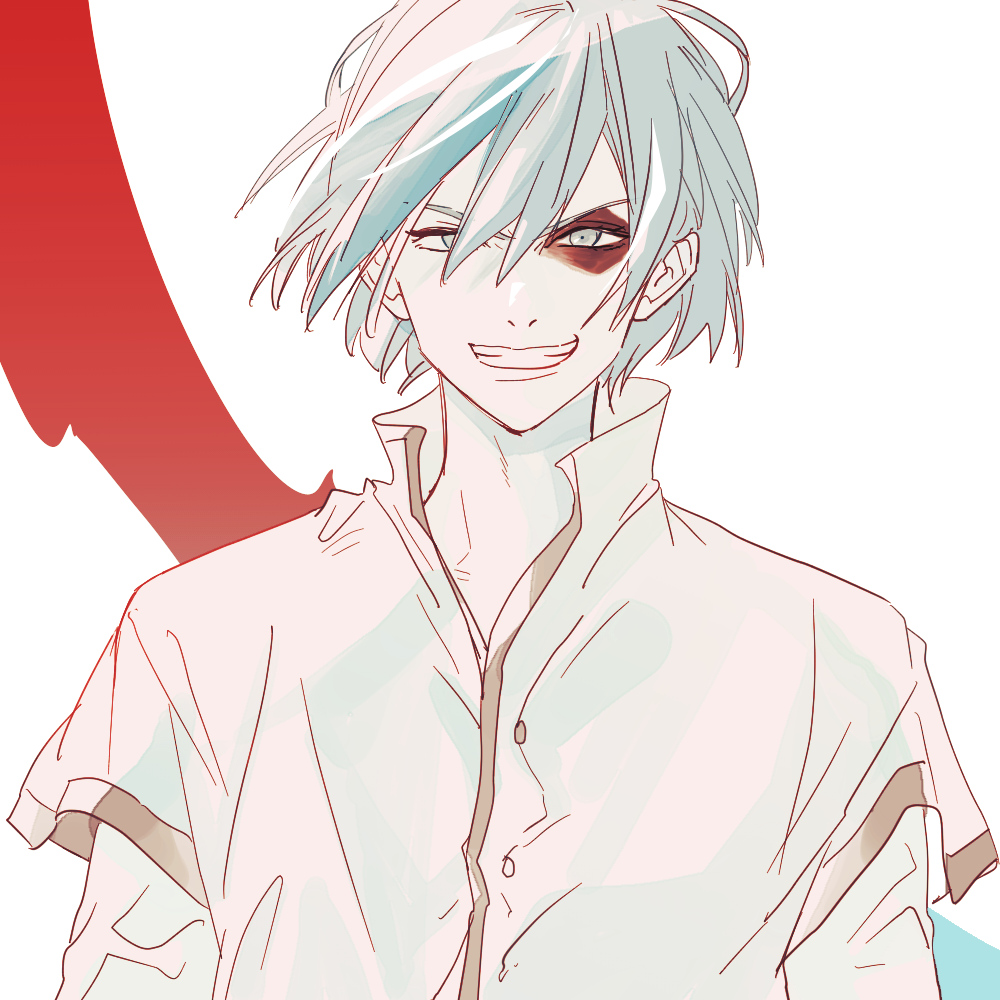 Safebooru - 1boy grey eyes grey hair grin hair between eyes looking at viewer male focus ...