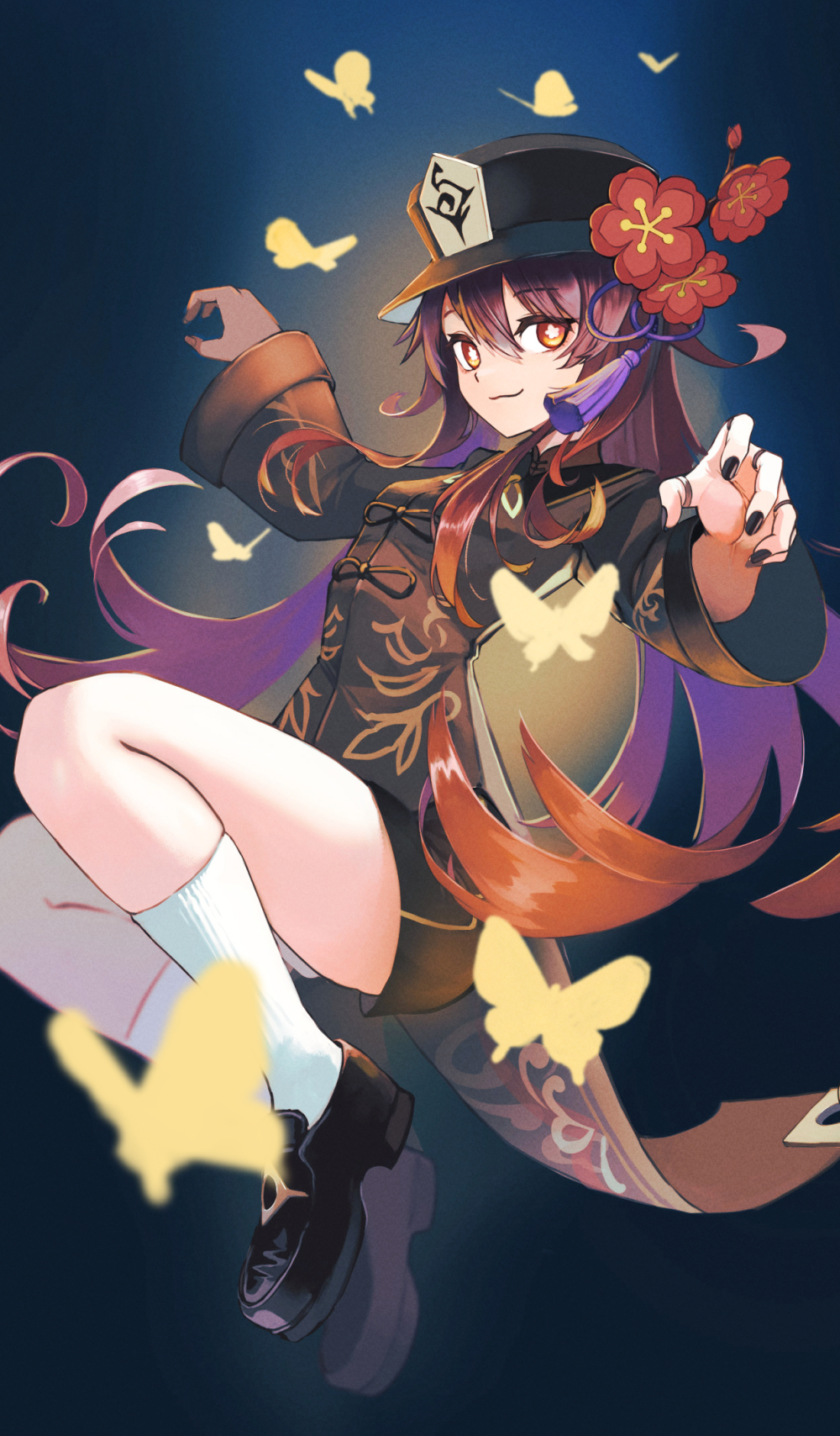 Safebooru - 1girl :3 black footwear black headwear black nails black ribbon black shorts bright ...