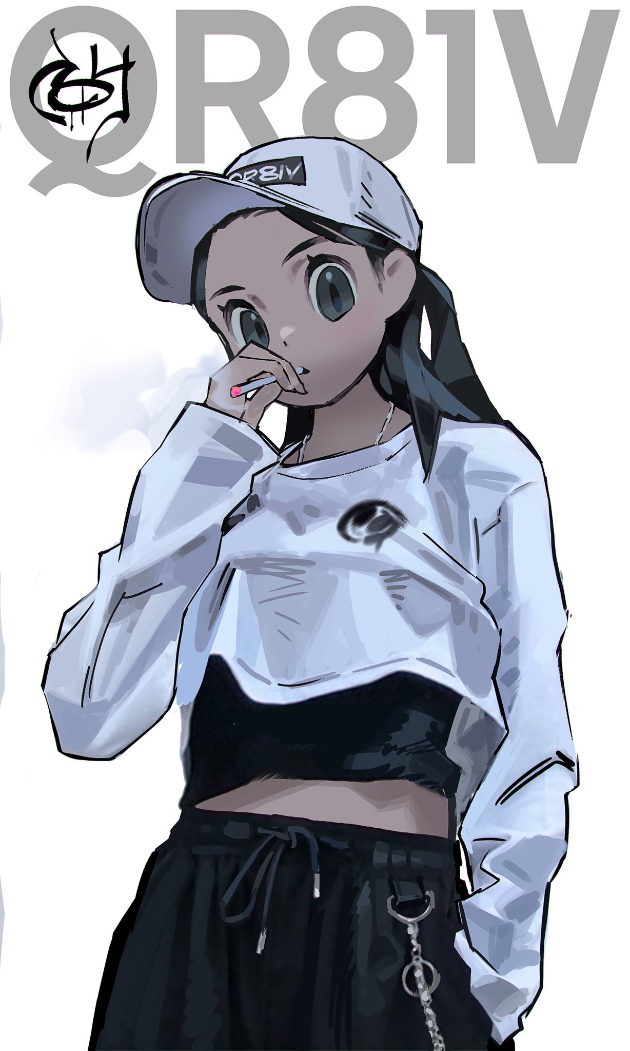 Safebooru - 1girl baseball cap black hair black pants black shirt cigarette cropped shirt hair ...