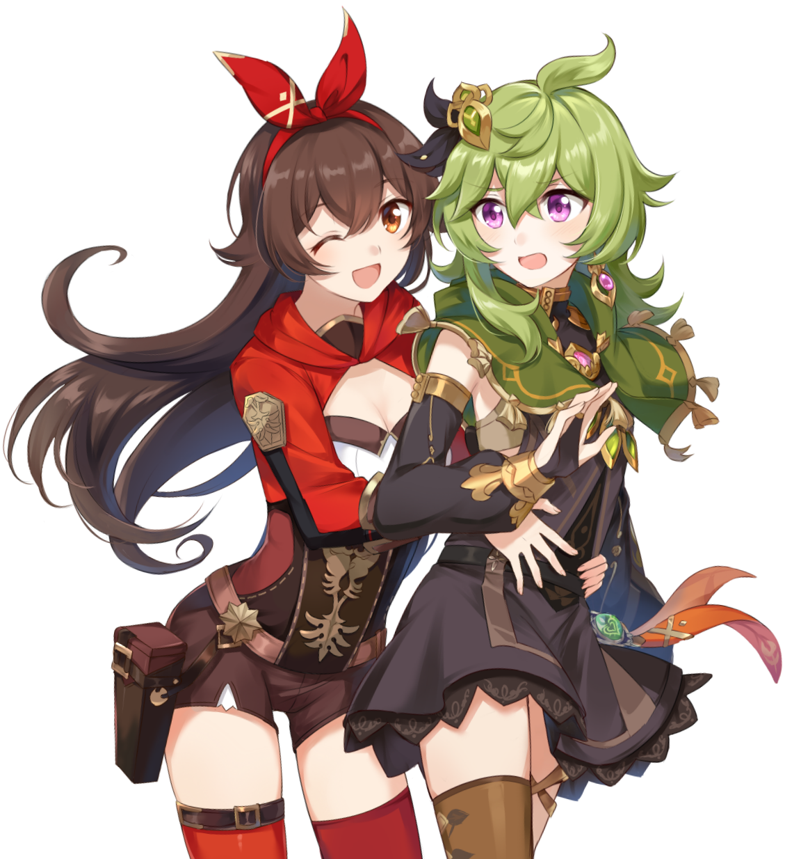 Safebooru - 2girls ahoge amber (genshin impact) bangs belt black belt black dress black sleeves ...