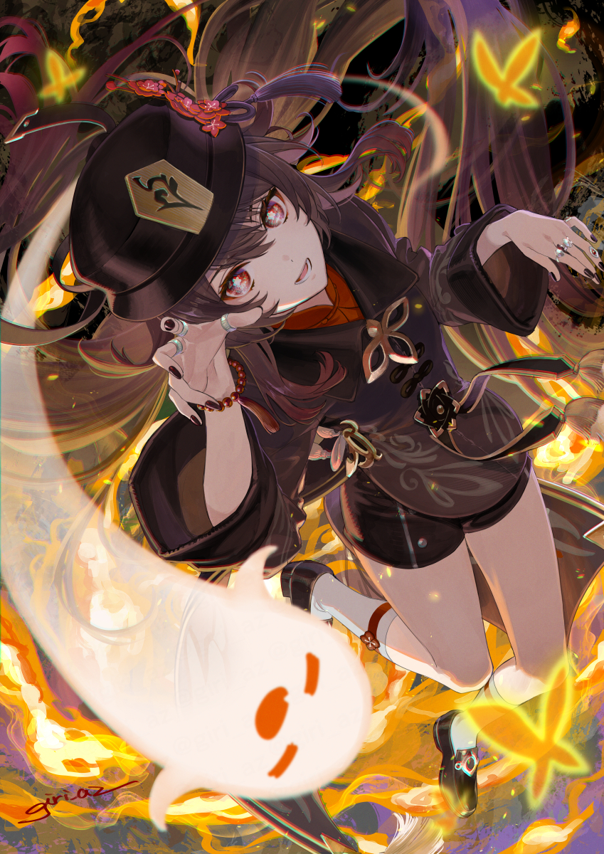 Safebooru - 1girl :d bangs bead bracelet beads black footwear black nails black shorts boo tao ...