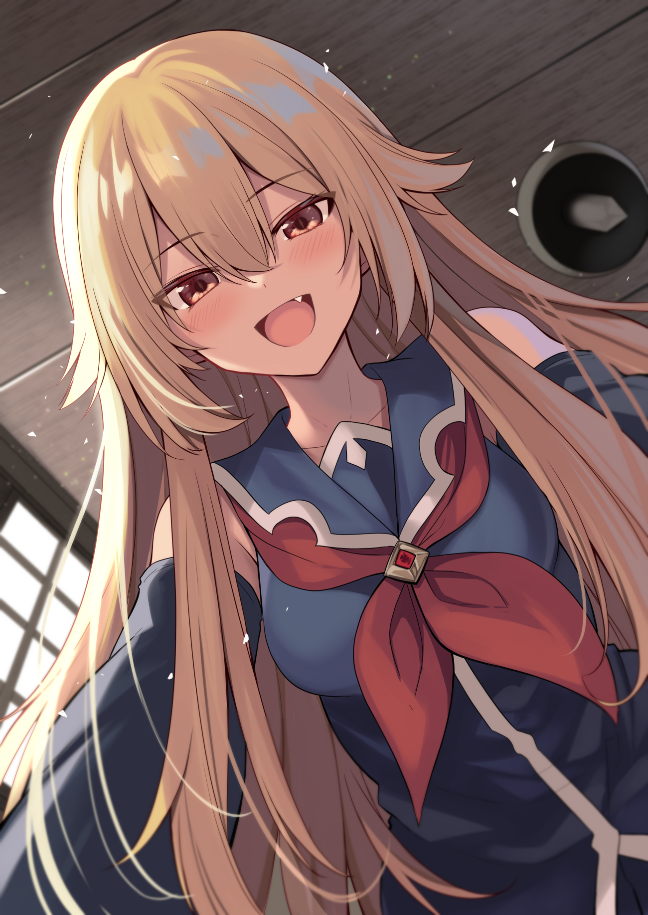 Safebooru - 1girl :d bangs bare shoulders blonde hair blue sailor collar blue shirt blush brooch ...