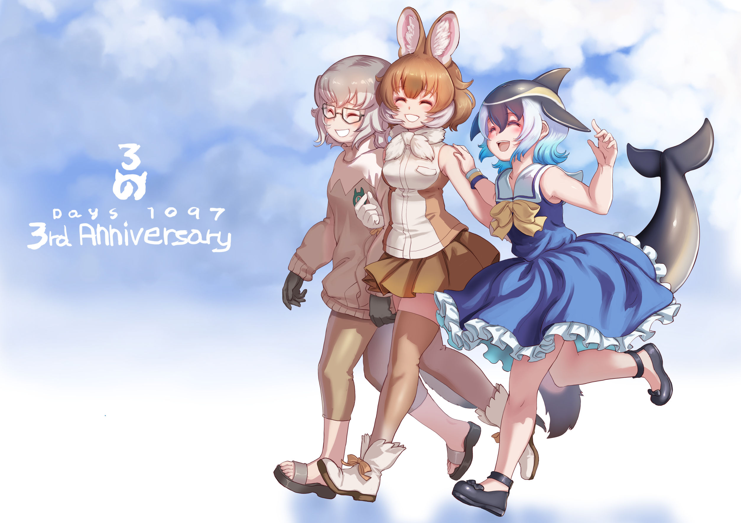 Safebooru - 3girls animal ears ankle strap anniversary bare shoulders black footwear black ...