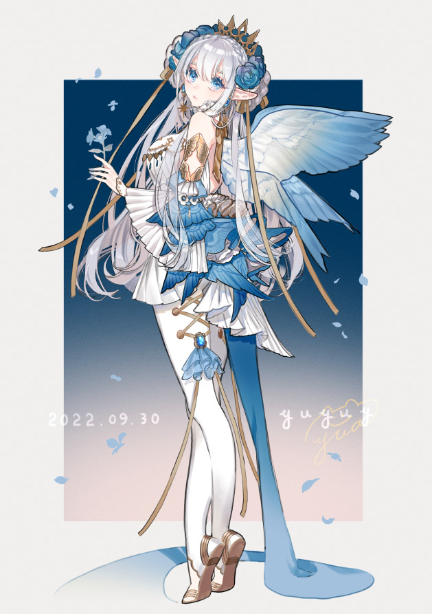 Safebooru - 1girl angel wings artist name bare shoulders blue background blue dress blue eyes ...